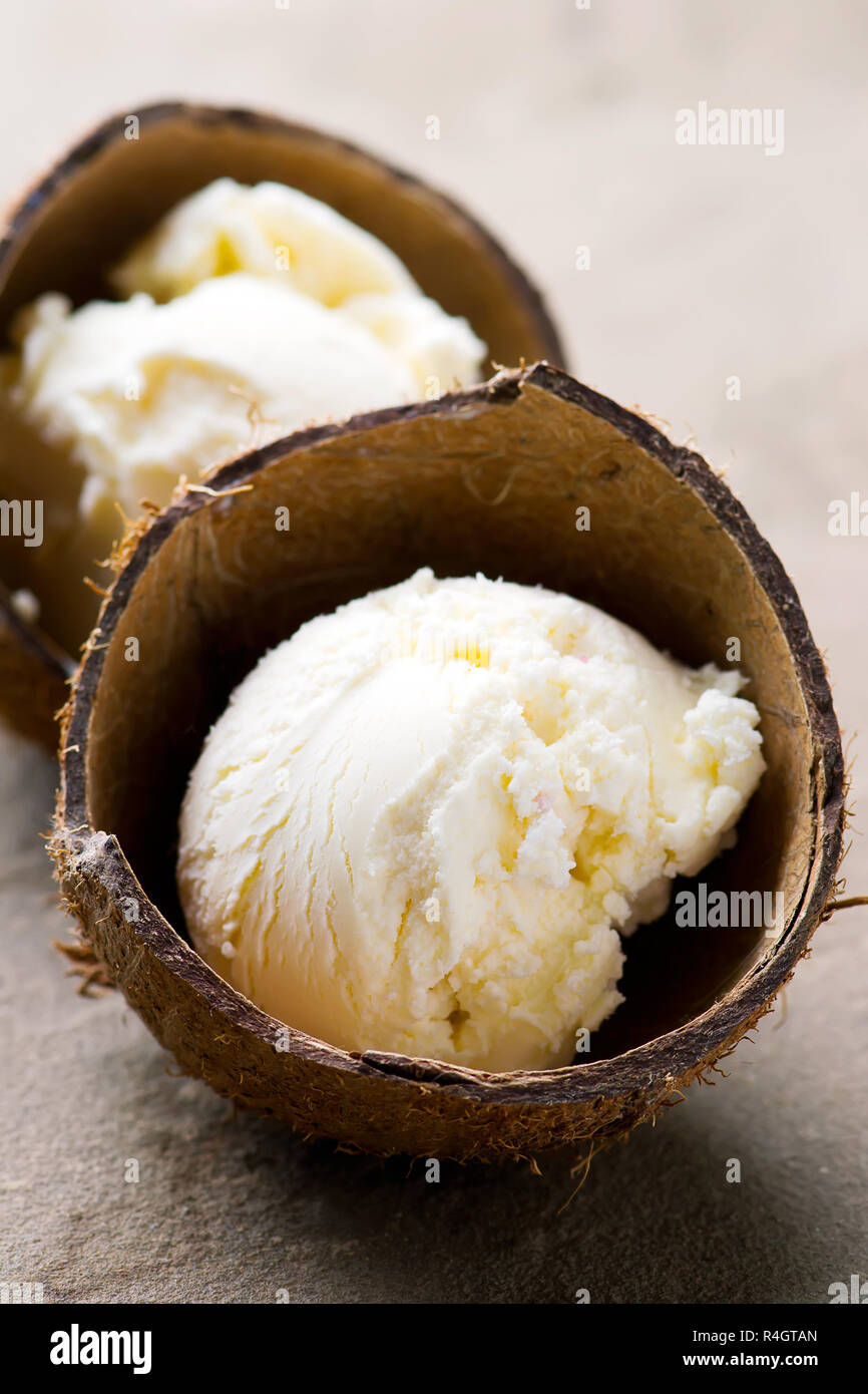 Coconut ice cream in the coconut shell.. selective focus Stock Photo ...