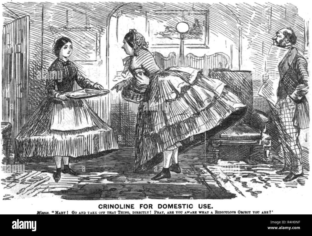Caricature showing a lady scolding her maid for wearing a crinoline ...
