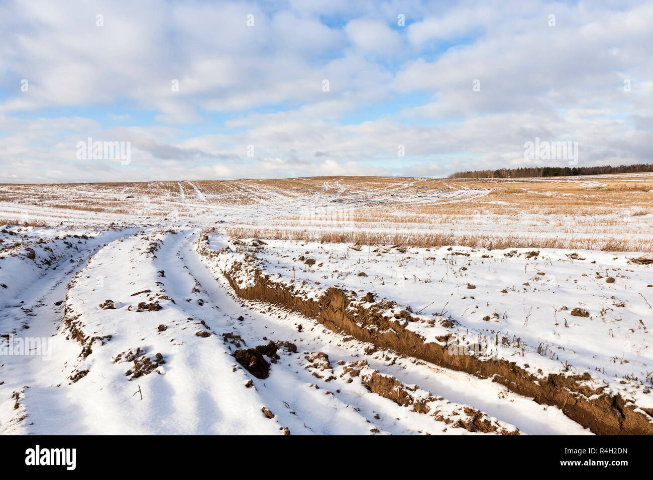 field with snow, the track Stock Photo - Alamy