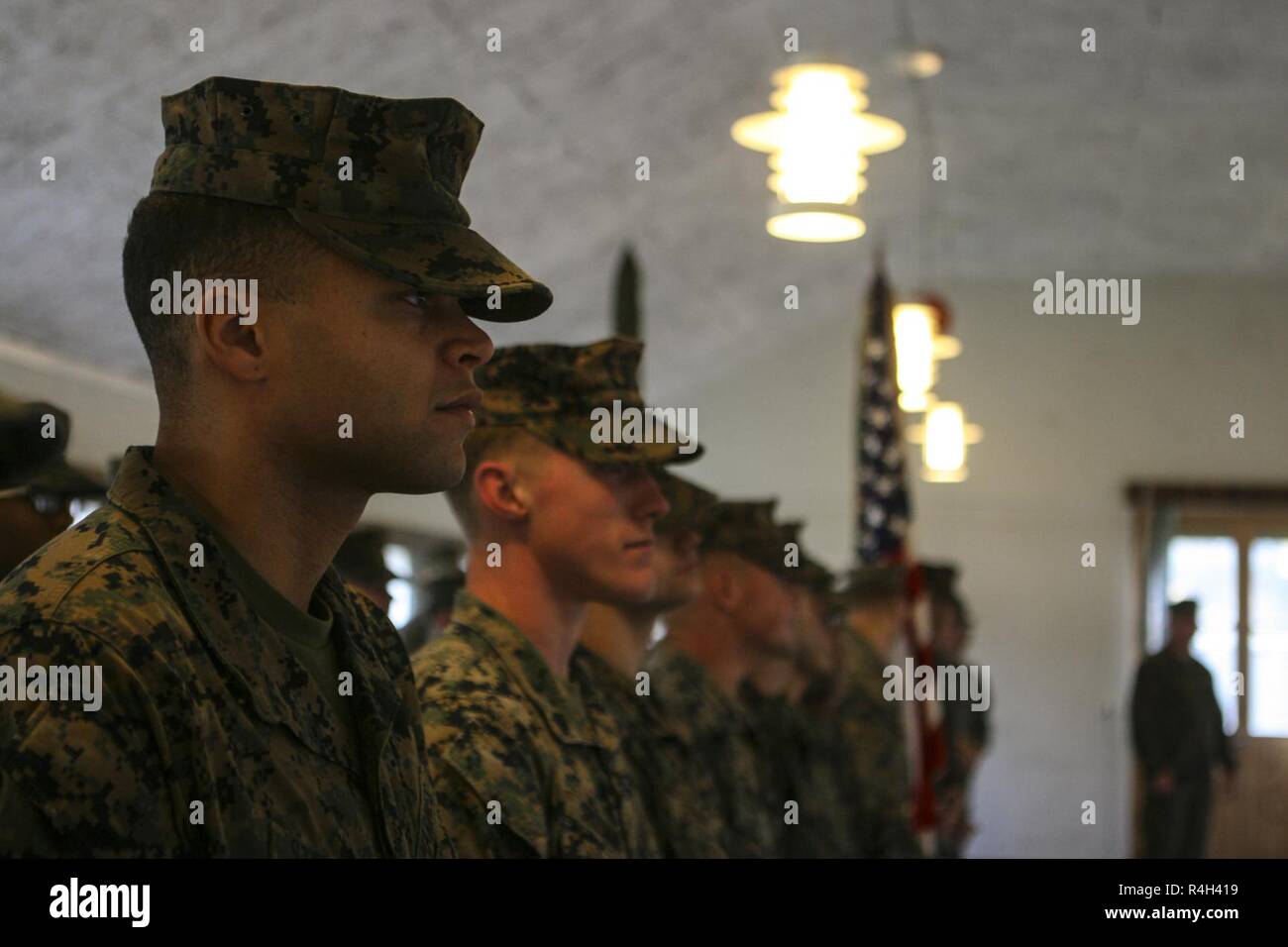 U.S. Marines with Marine Rotational Force- Europe 18.1 stand in ...