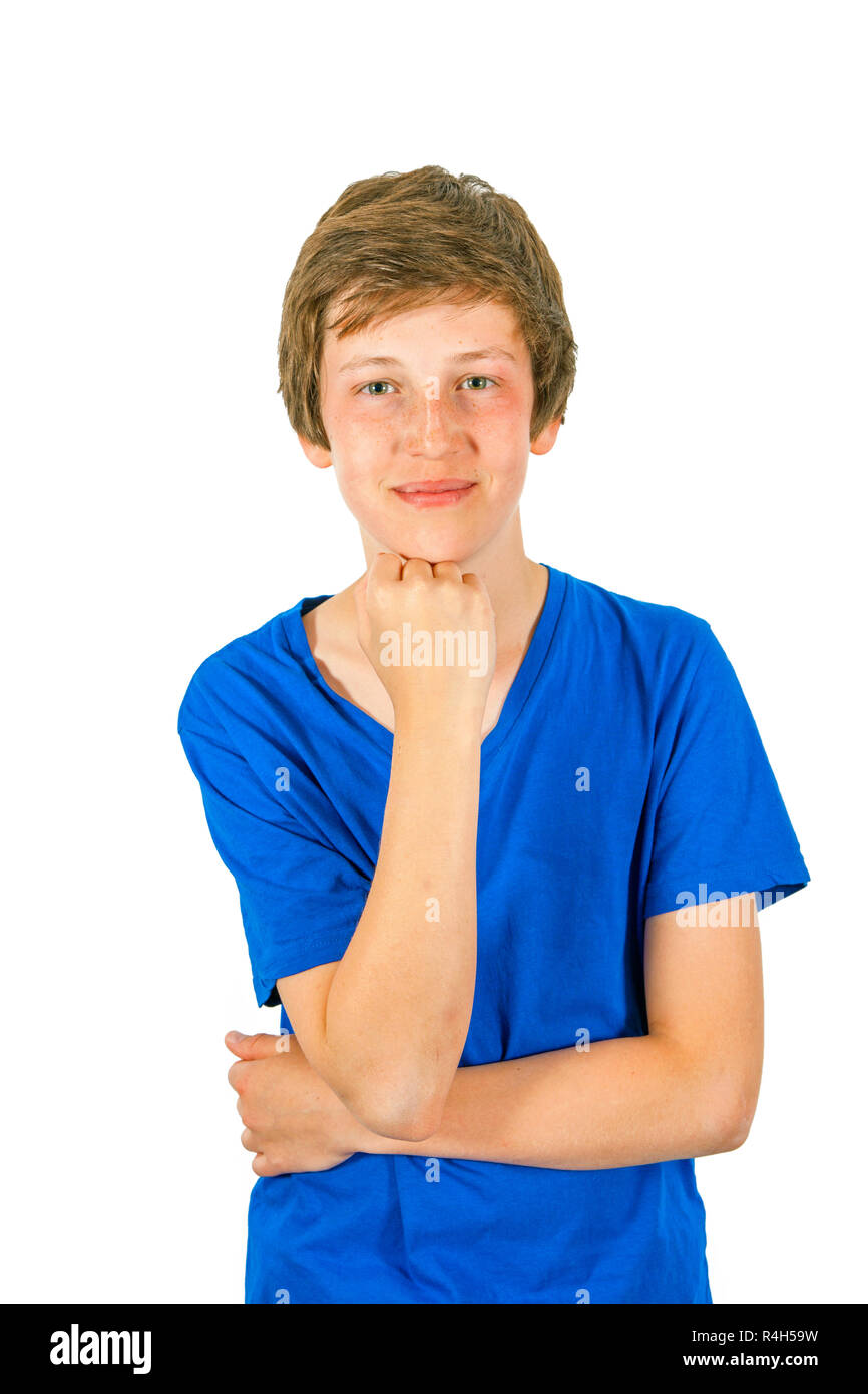 smart cool friendly looking boy in blue shirt enjoys life Stock Photo ...