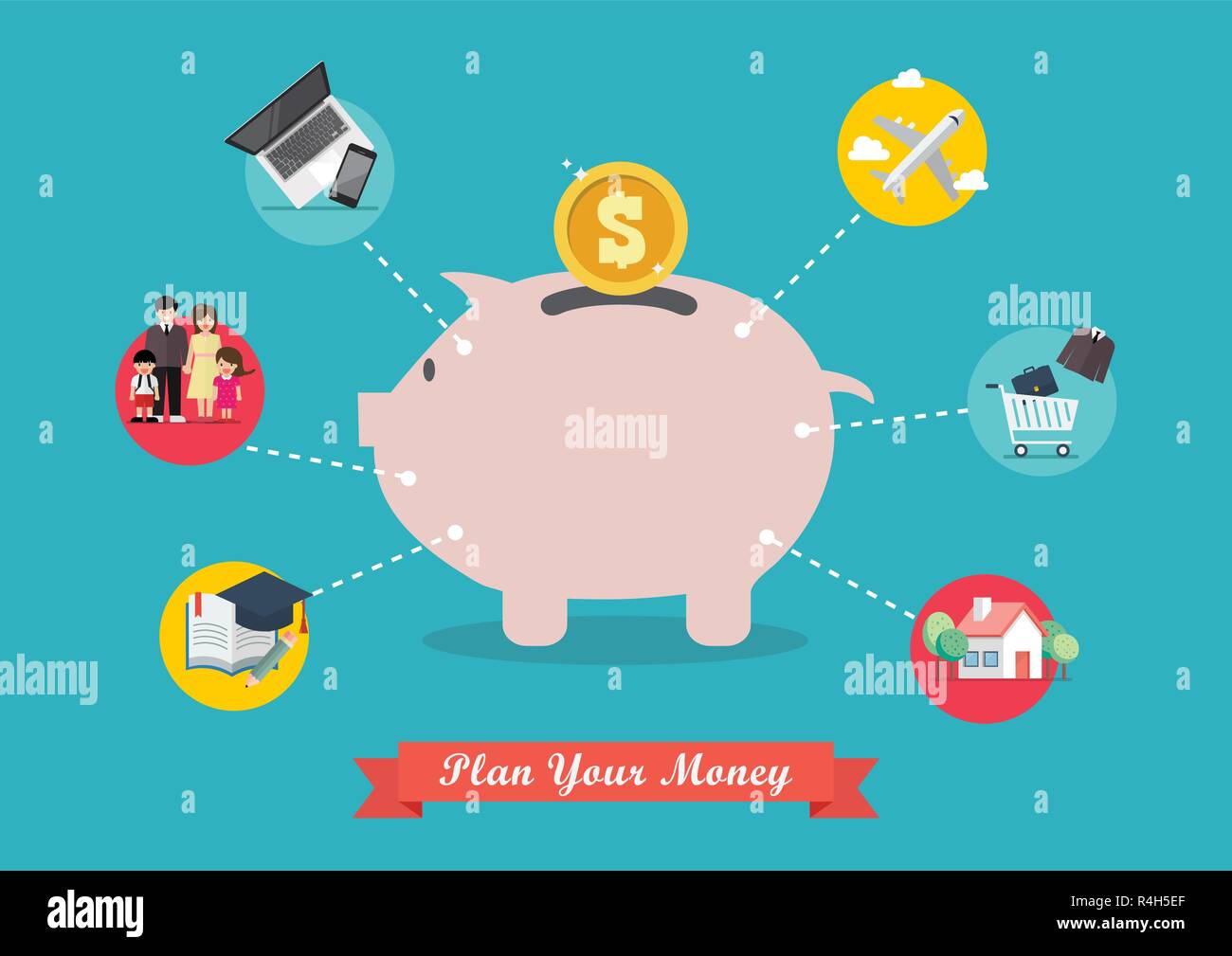 Piggy bank saving money portion for life. Vector illustration Stock ...