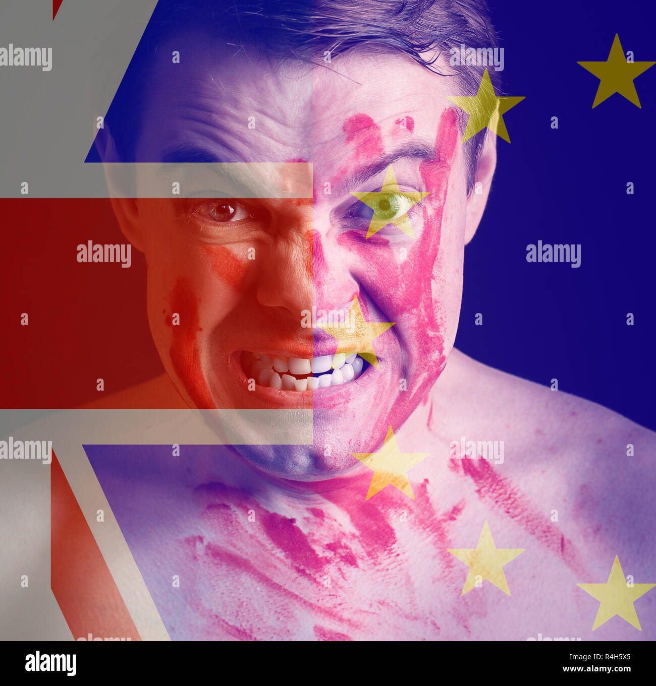 Portrait of angry man with Great Britain Flag and European Union Flagon ...