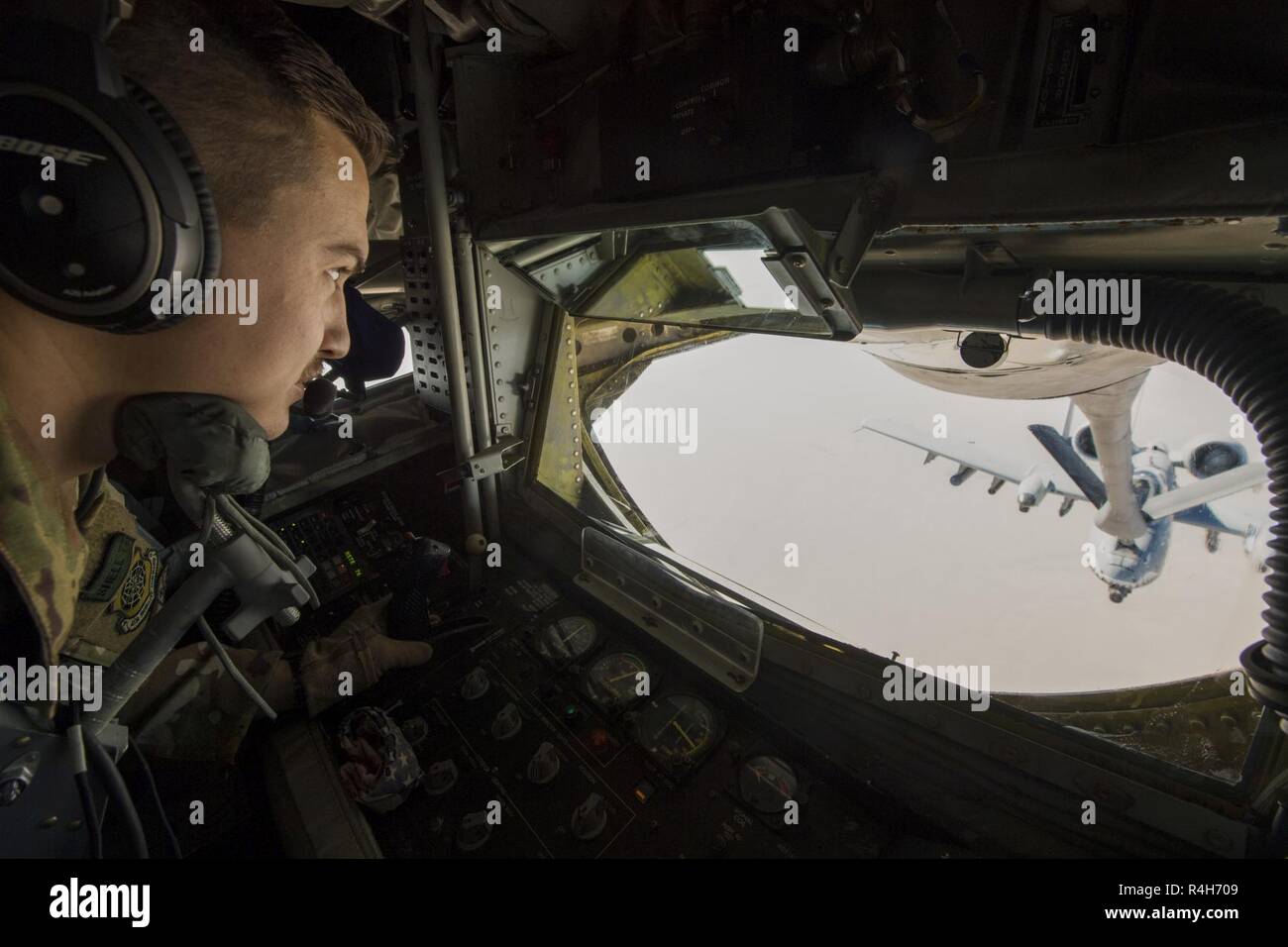A U.S Air Force KC-135 boom operator assigned to the 28th Expeditionary ...