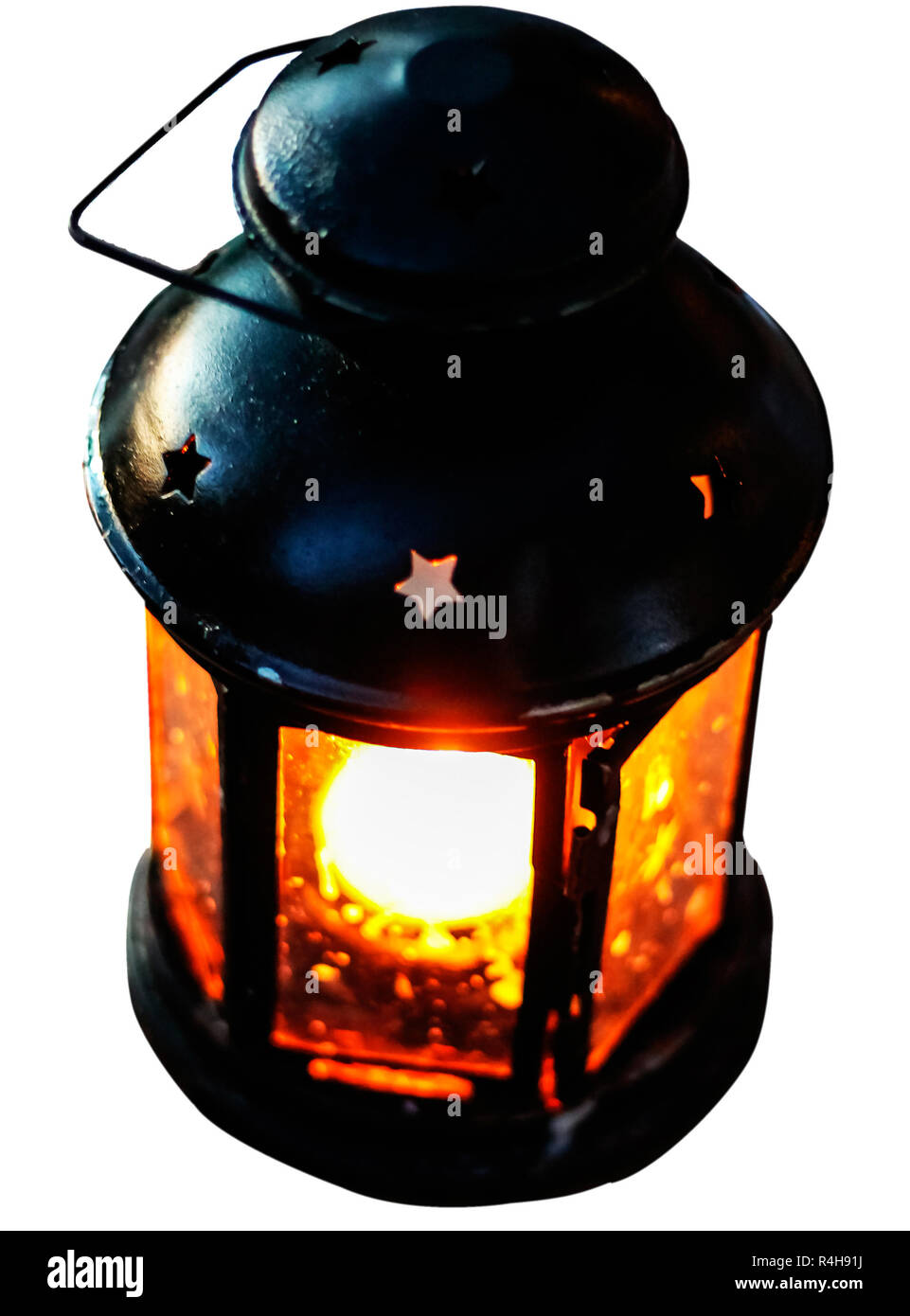 Old black lantern light use hold handle isolated on with background and ...