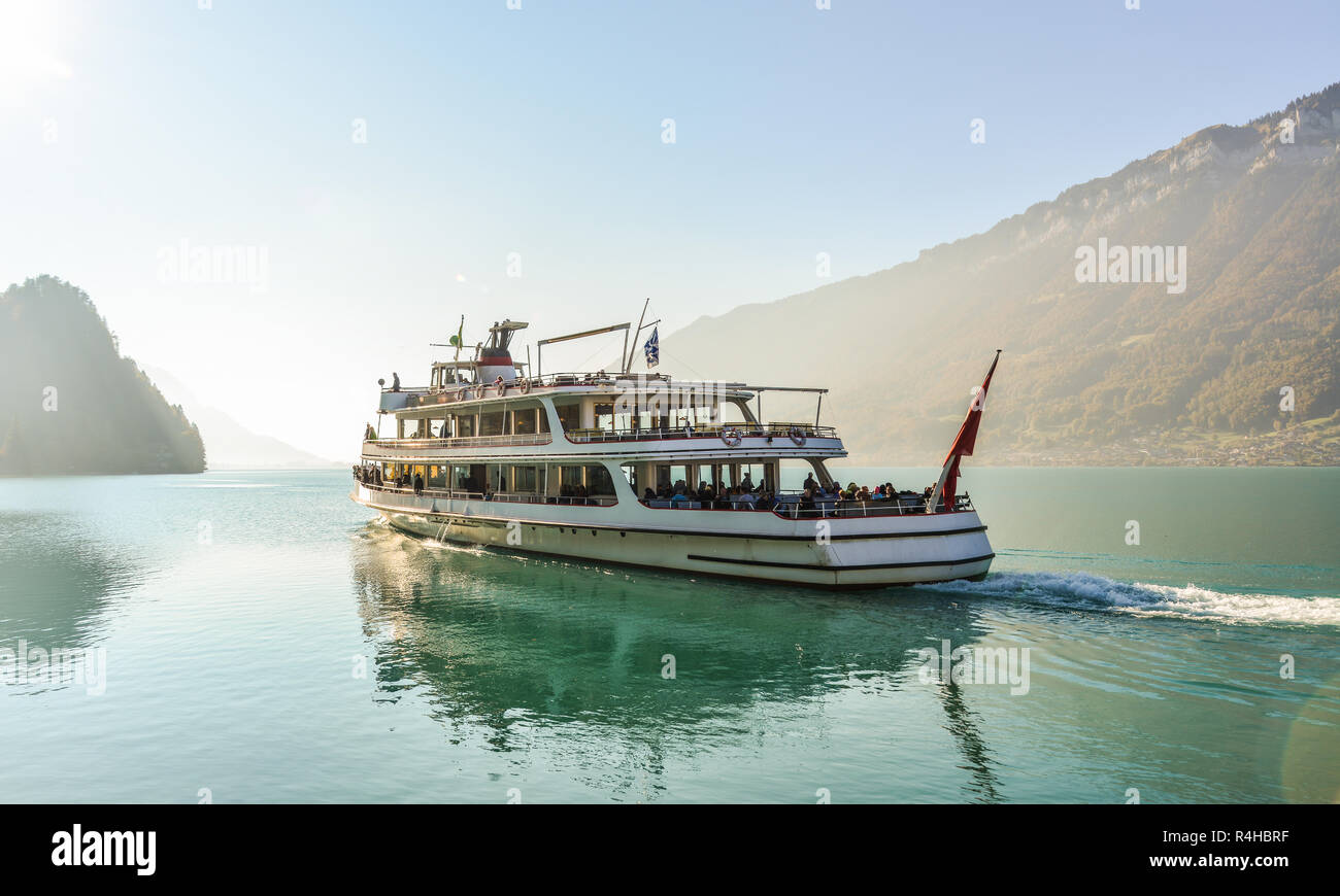 Brienz, Switzerland - Oct 21, 2018. Tourist ferry on the lake in Brienz ...