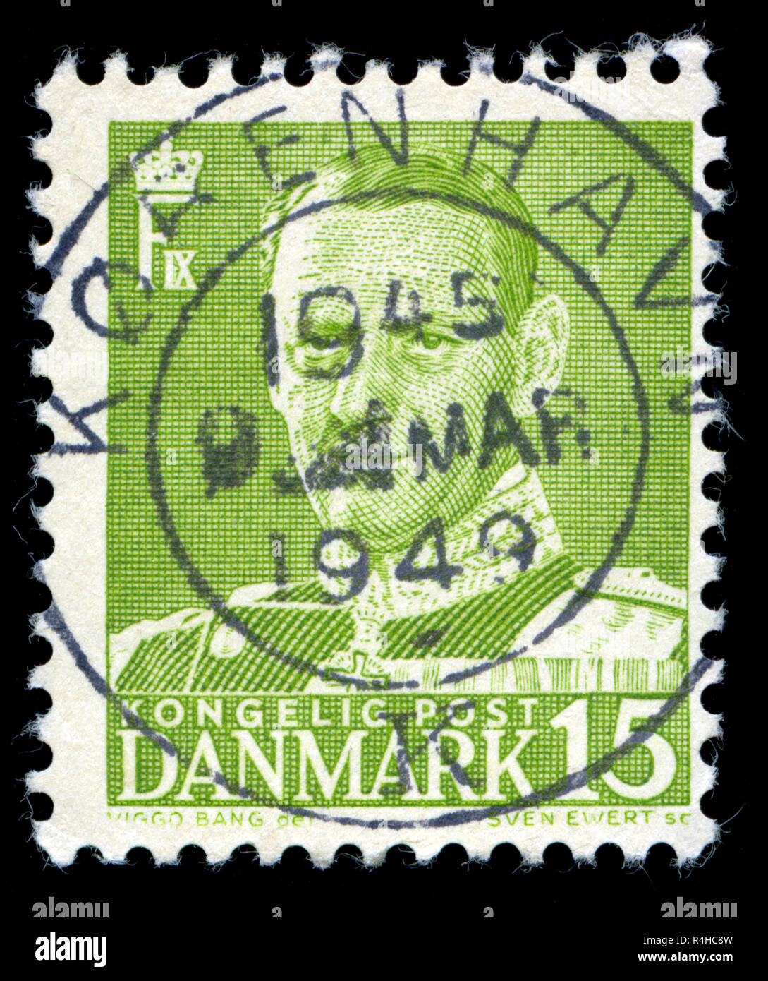 Postmarked stamp from Denmark in the King Frederik IX series issued in ...