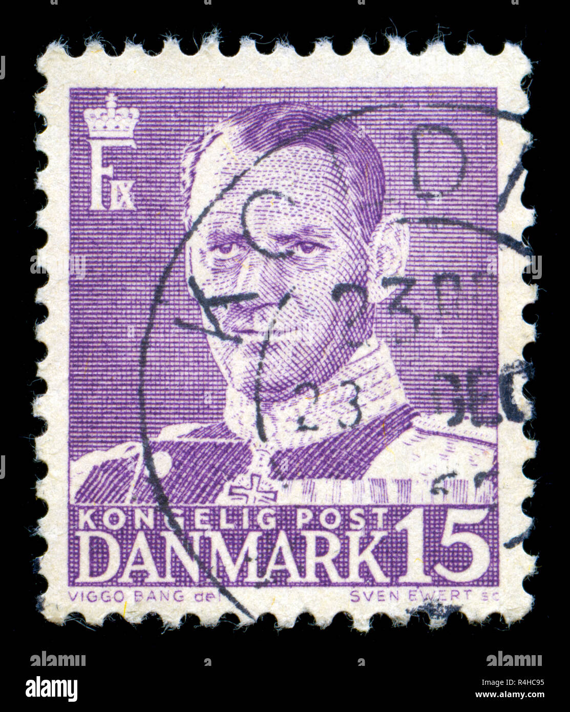 Postmarked stamp from Denmark in the King Frederik IX series issued in ...