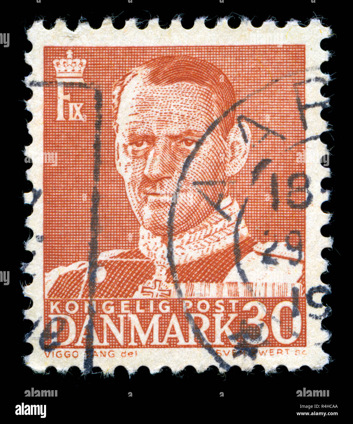 Postmarked stamp from Denmark in the King Frederik IX series issued in ...