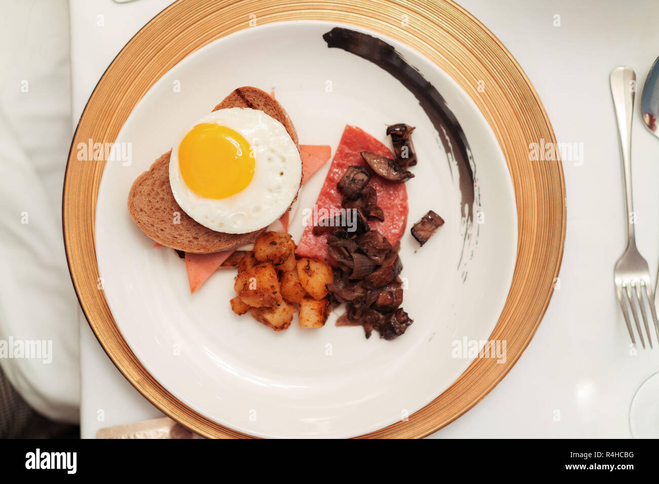 flat lay of fancy well plated meal served on white plate Stock Photo ...
