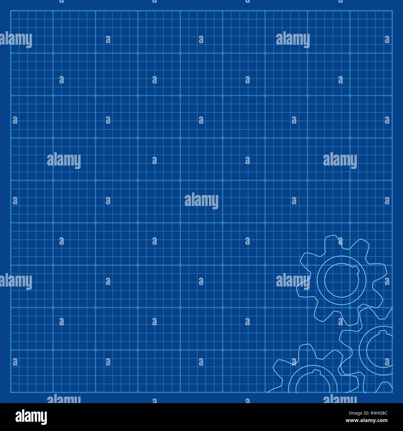 Blueprint lined paper for technical drawings. With gear wheels symbols ...