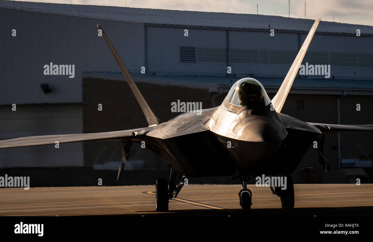 A 325th Fighter Wing F-22A Raptor rolls underneath a sun shade at Eglin ...