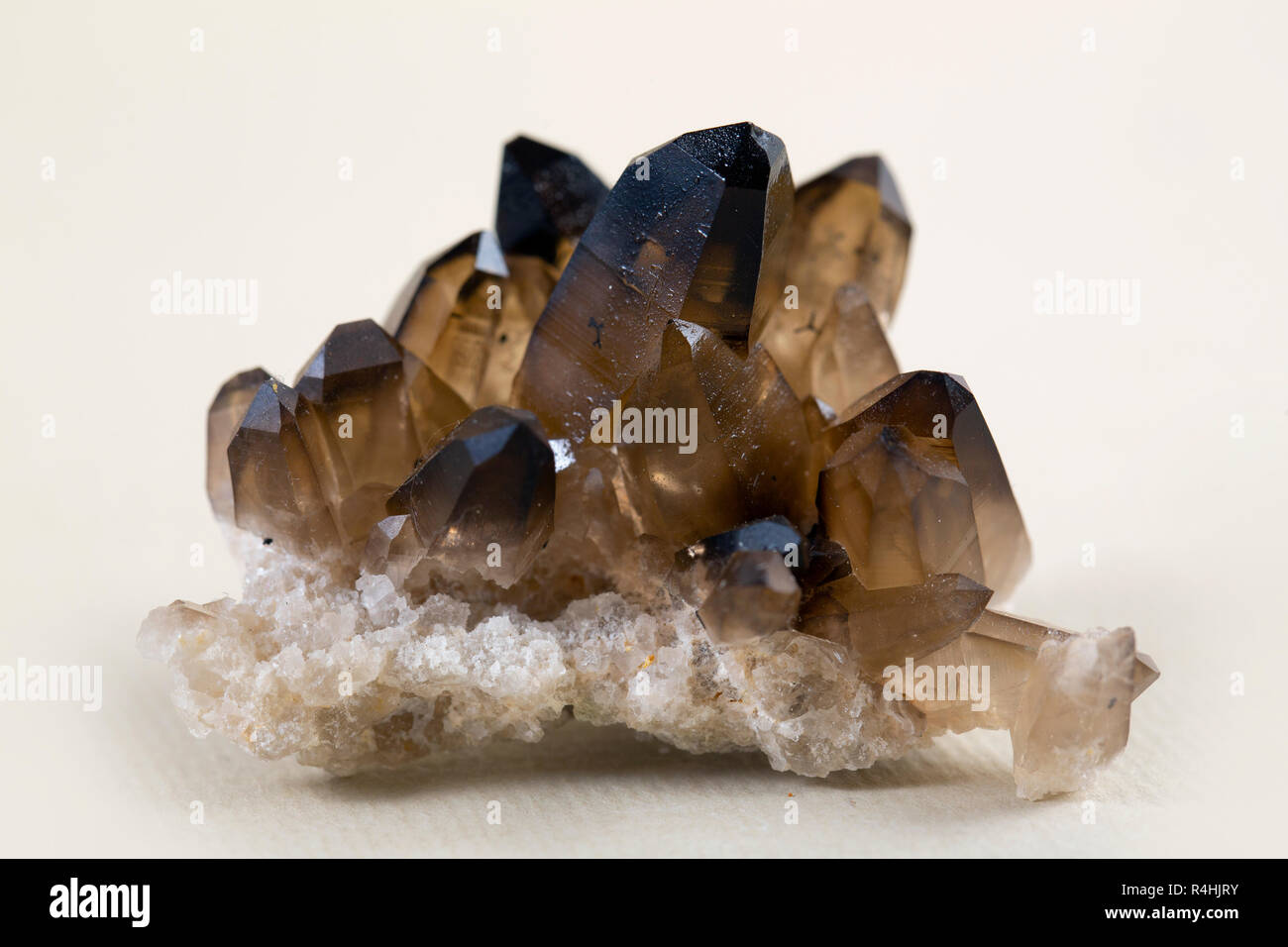 Macro mineral stone Morion crystal in the rock a white background close ...