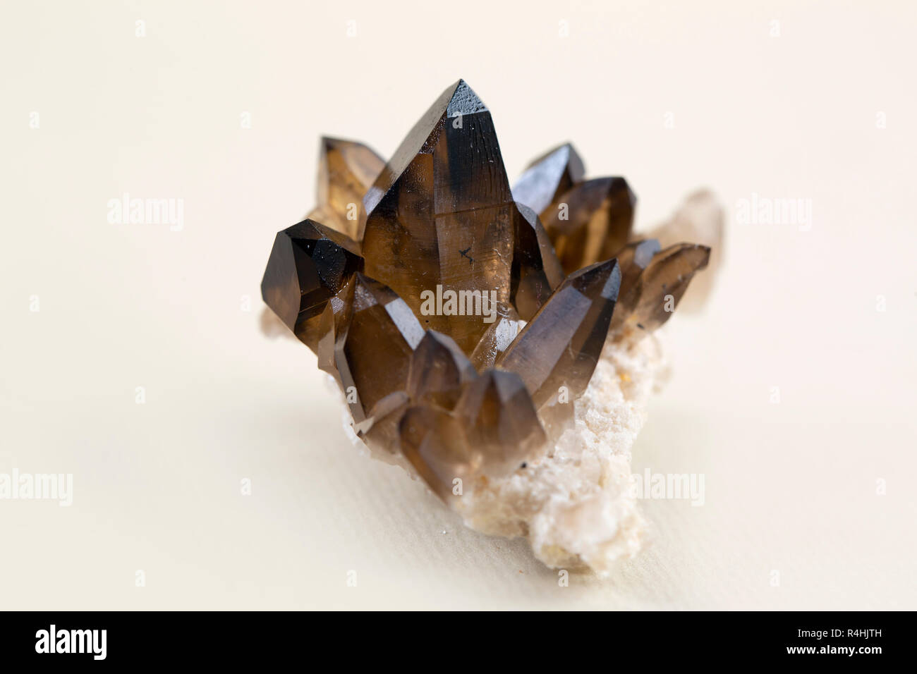 Macro mineral stone Morion crystal in the rock a white background close ...