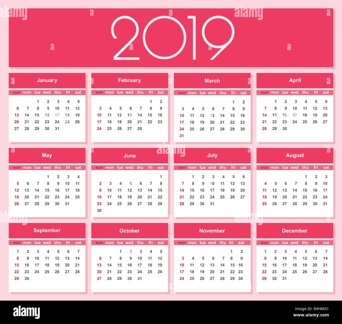 Calendar for 2019 red background. Simple Vector Template. Isolated ...