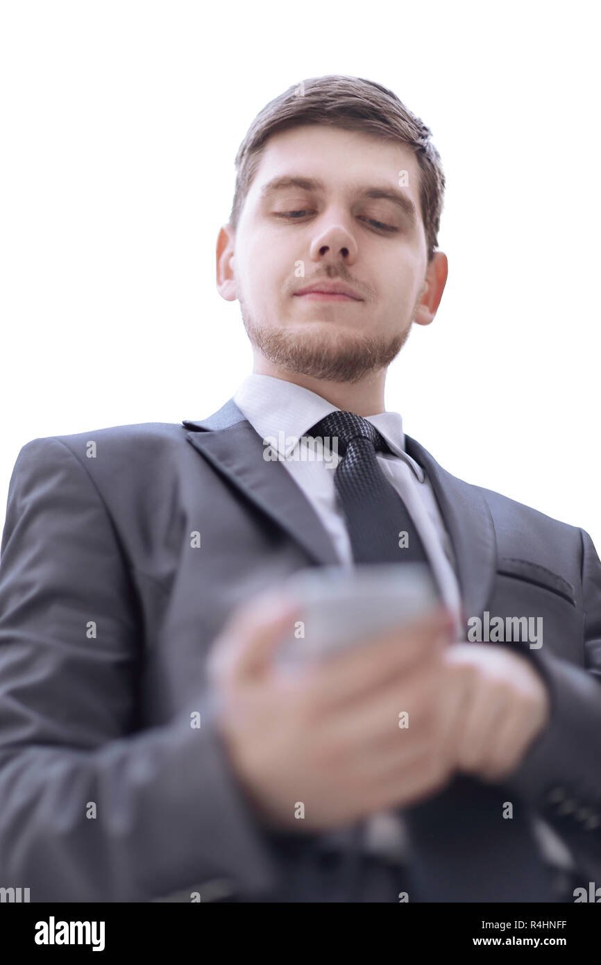 Manager reading sms on dark hi-res stock photography and images - Alamy