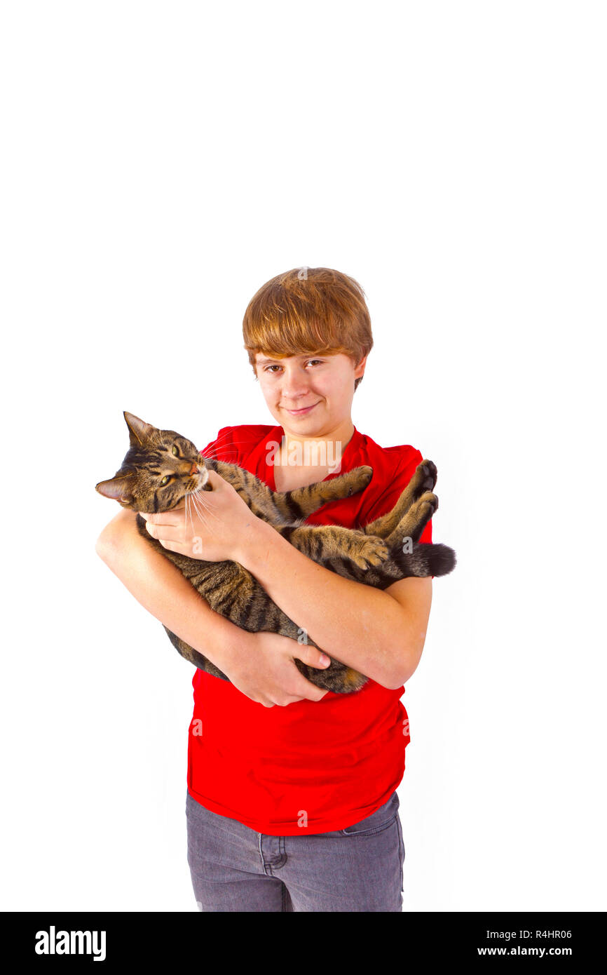 cute boy hugging with his cat Stock Photo - Alamy