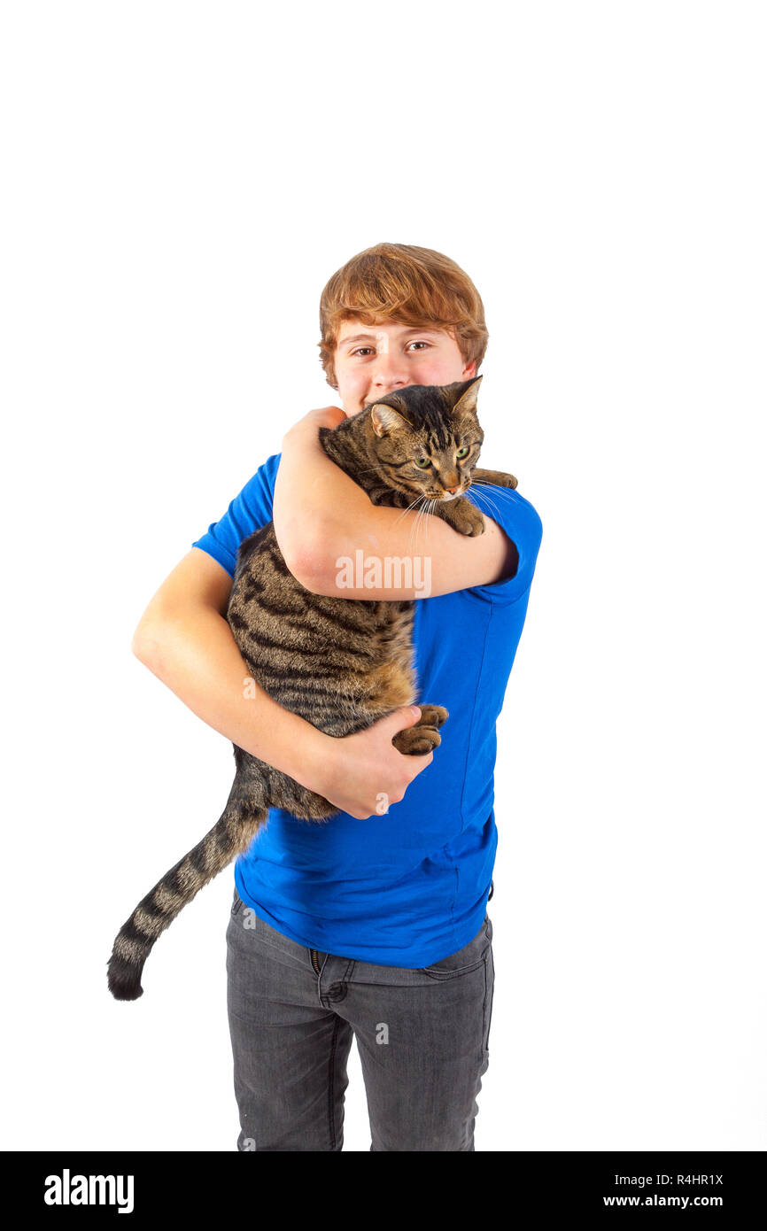 boy hugging with his cat Stock Photo - Alamy