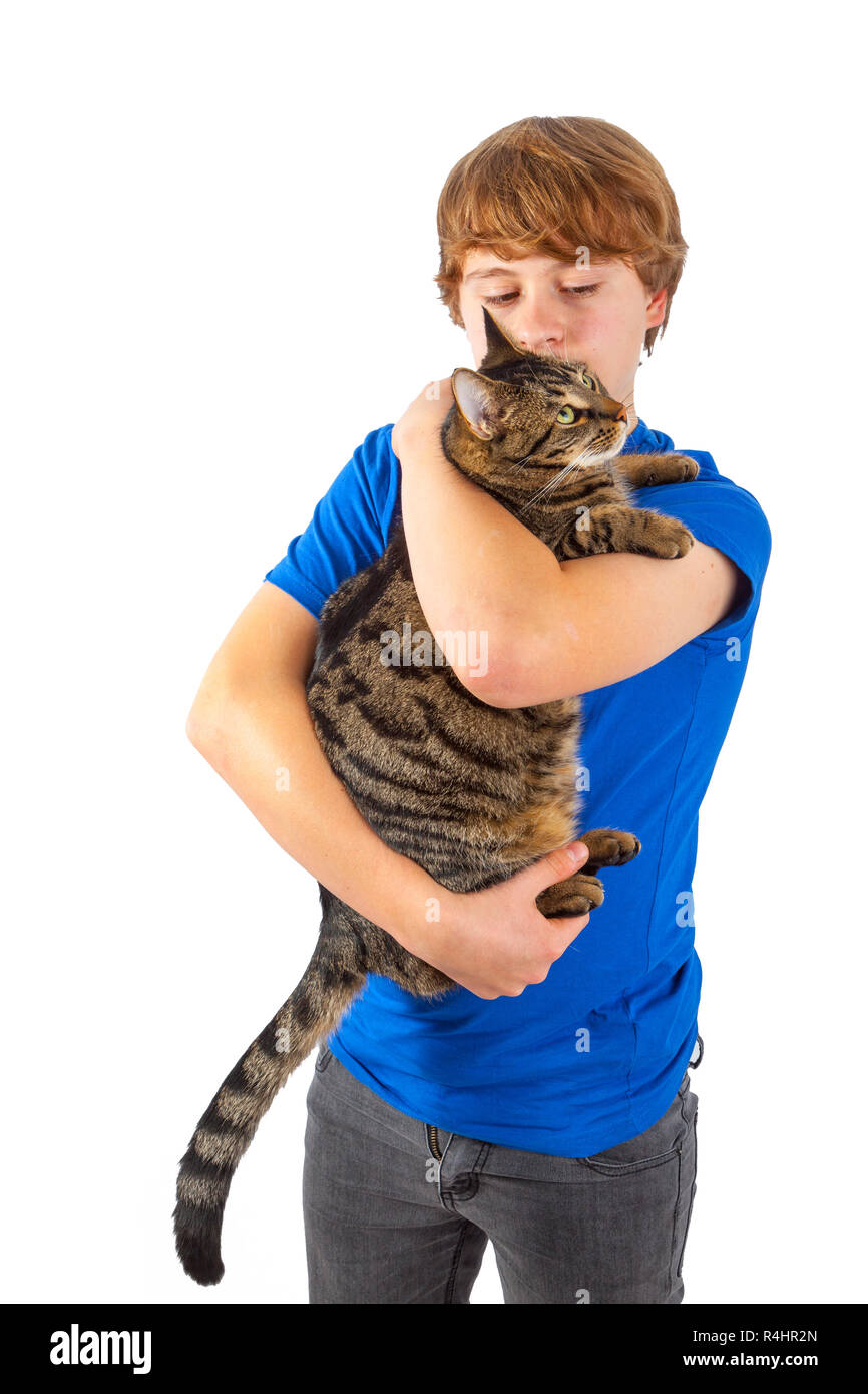 boy hugging with his cat Stock Photo - Alamy