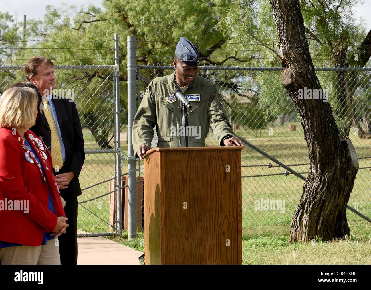 U.S. Air Force Col. Brandon Parker, 7th Bomb Wing commander, speaks to ...