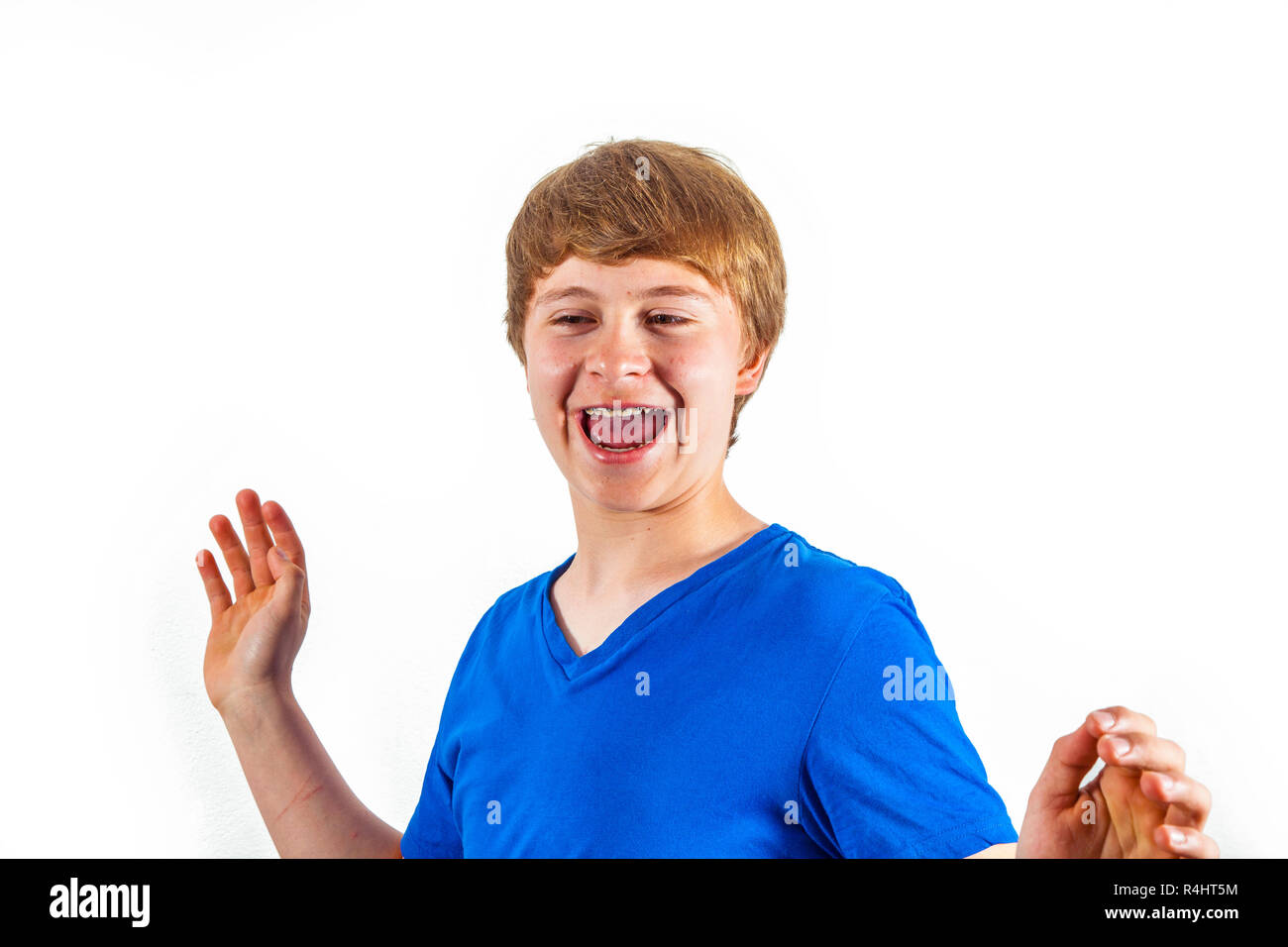 happy joyful boy gives sign Stock Photo - Alamy