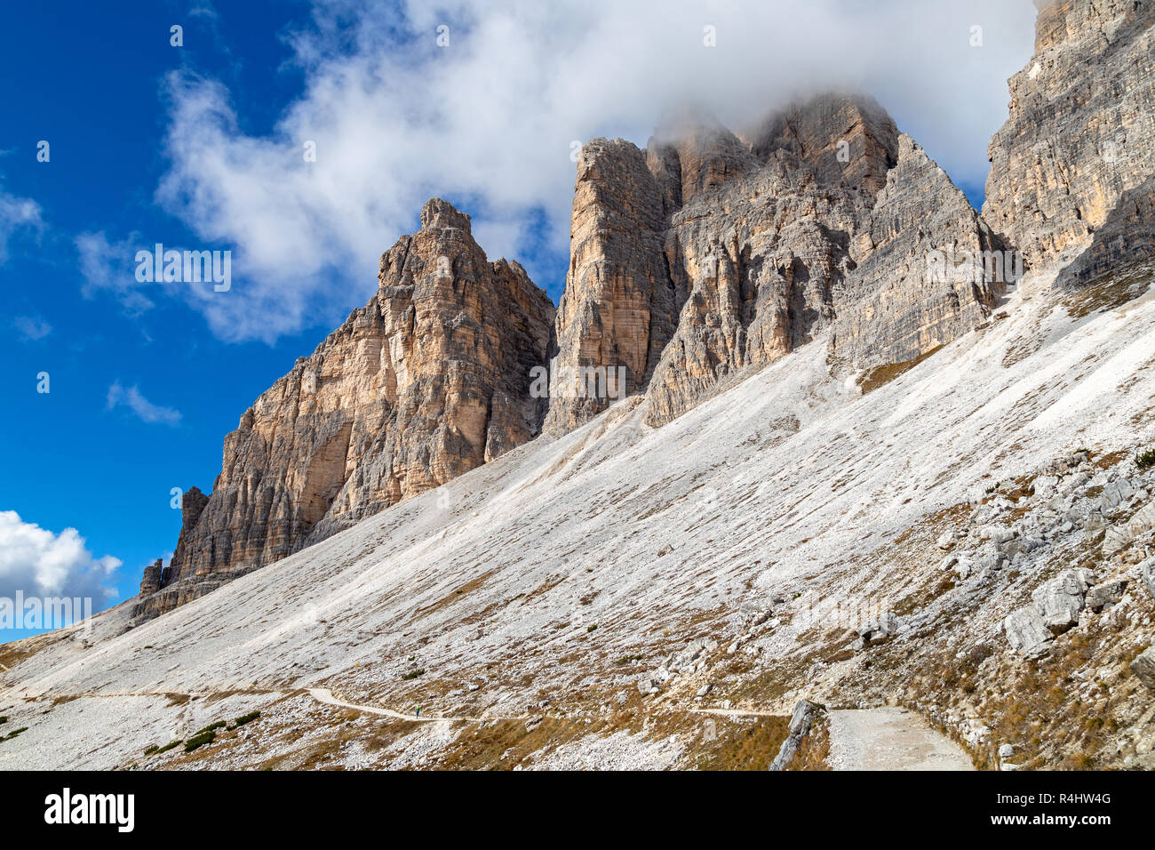 Hiking trail under Three Peaks, Dolomites, South Tyrol Stock Photo - Alamy