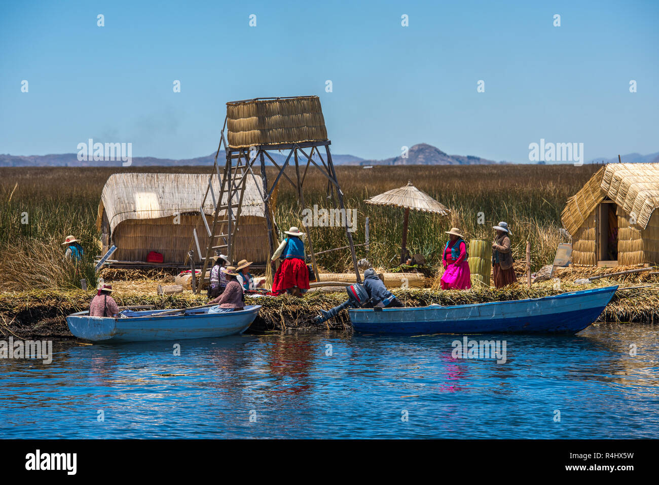 Uros floating islands of lake Titicaca, Peru, South America Stock Photo ...