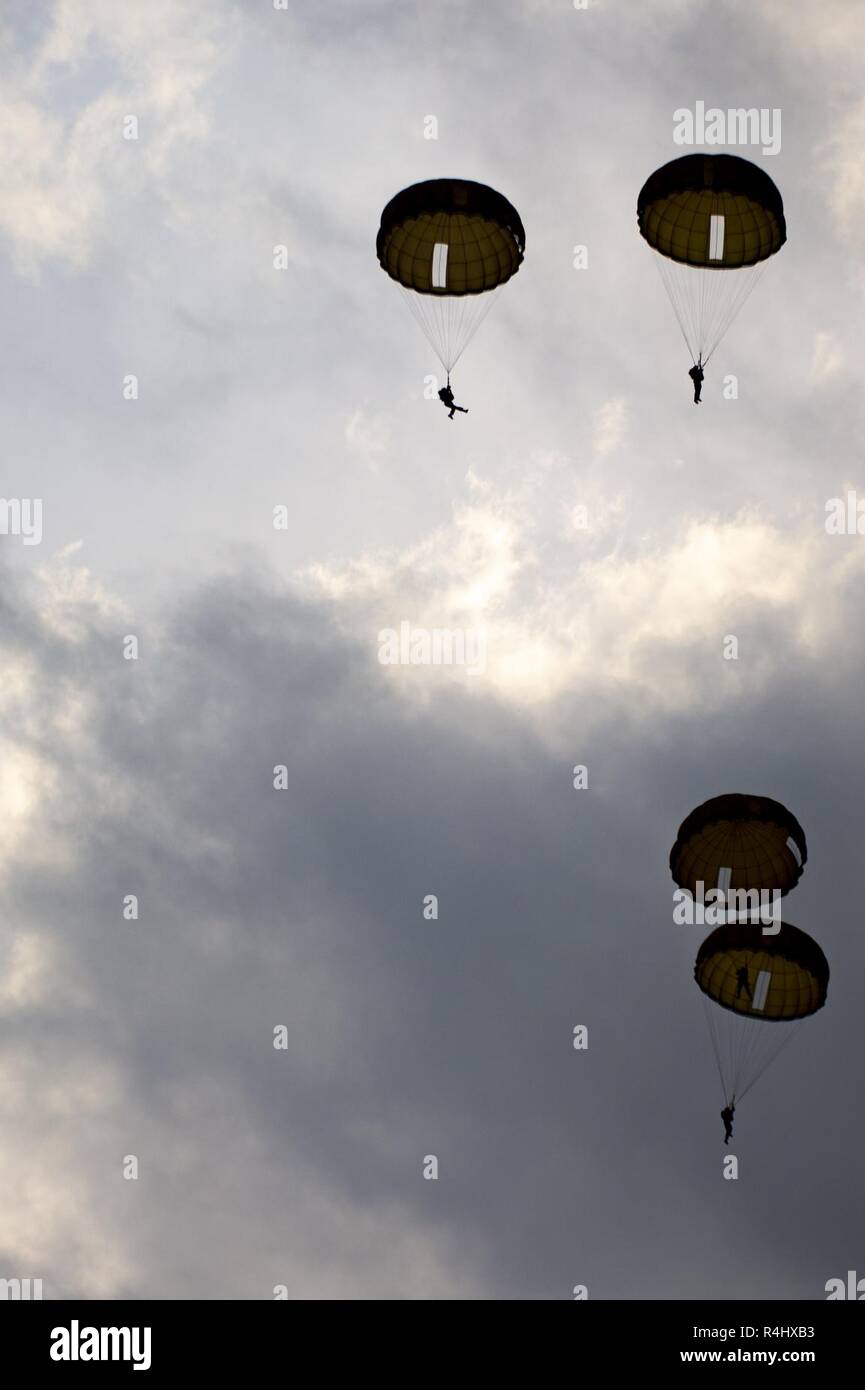 U.S. Army and coalition partners perform a static line jump from a ...