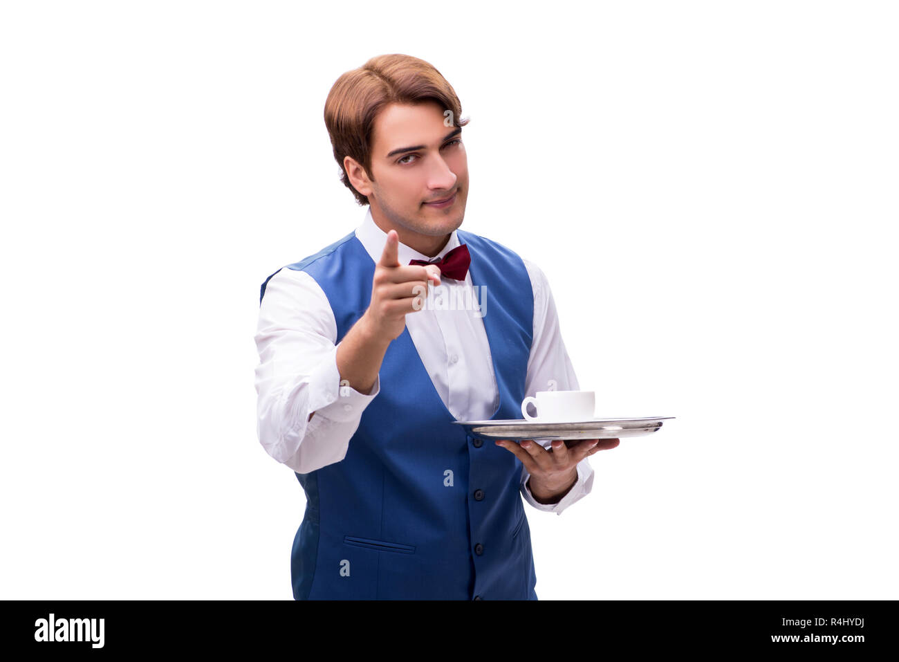 Young waiter isolated on white background Stock Photo - Alamy