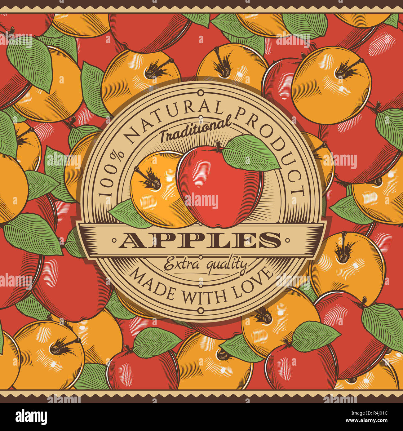 Vintage Red Apple Label On Seamless Pattern Stock Photo - Alamy