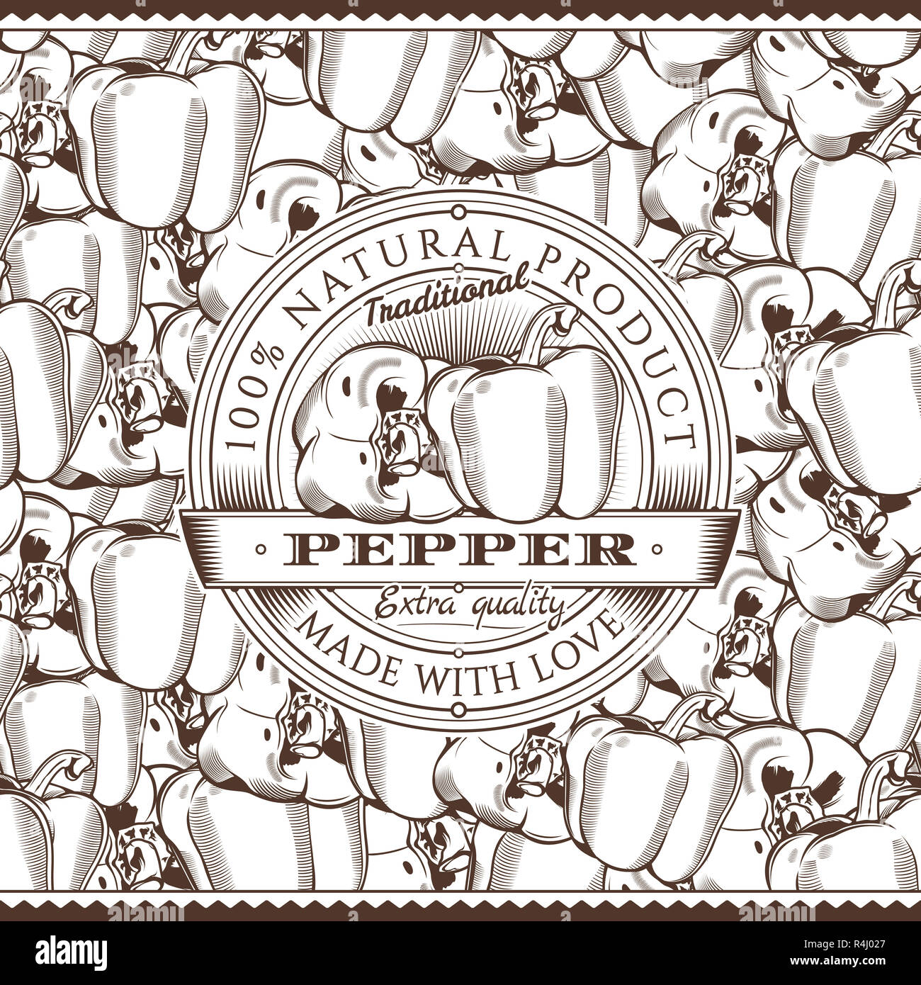 Vintage Pepper Label On Seamless Pattern Stock Photo - Alamy