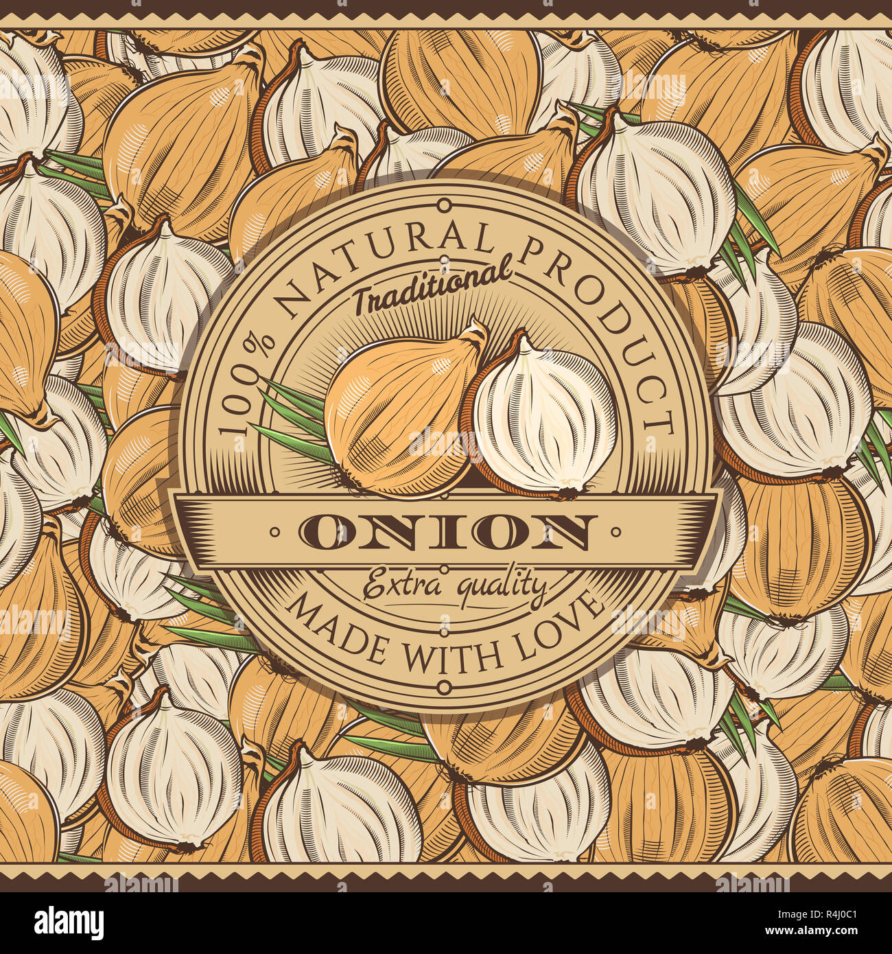 Vintage Onion Label On Seamless Pattern Stock Photo - Alamy