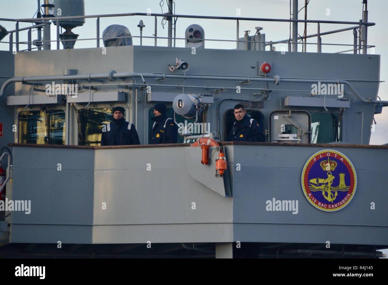 Bridge team members stand on the bridge wing of Spanish tanker ESPS ...