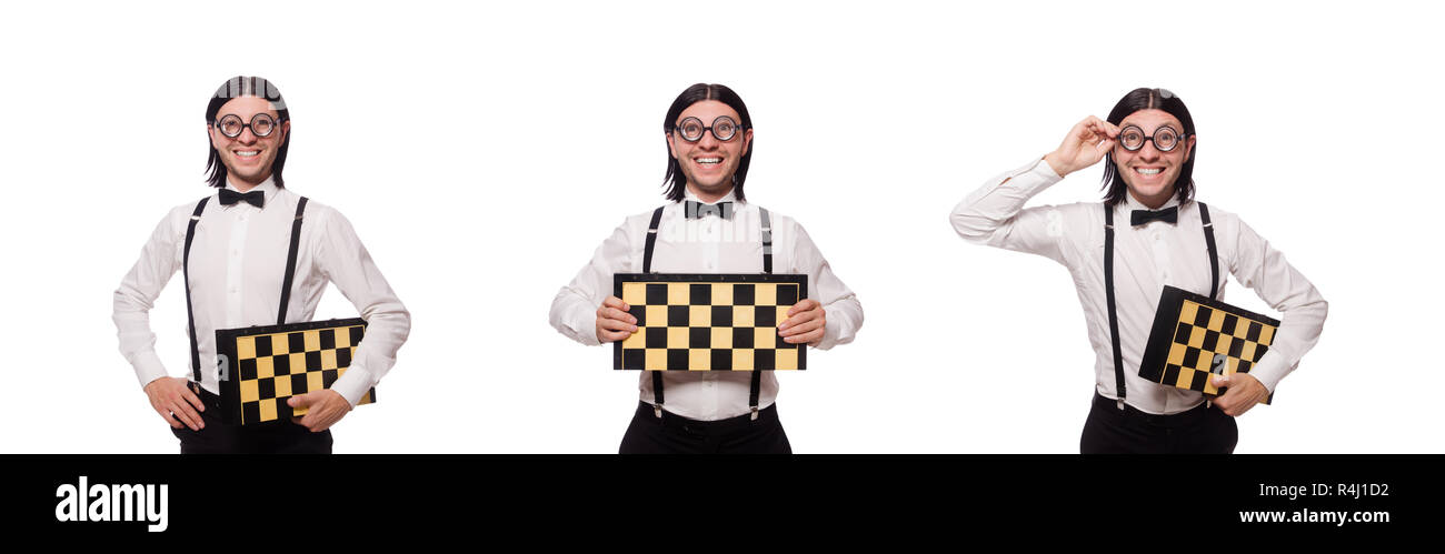 Funny man with chessboard isolated on white Stock Photo - Alamy