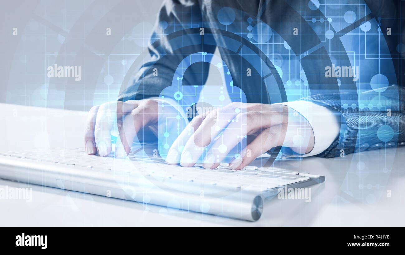 Internet security concept with woman typing password on keyboard Stock ...