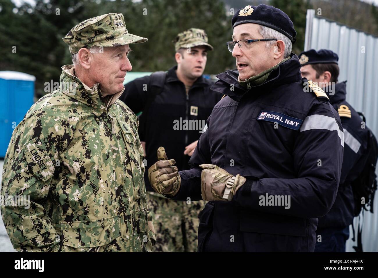 US Navy Admiral Bruce Lindsey, left, chats with NATO Allied Maritime ...