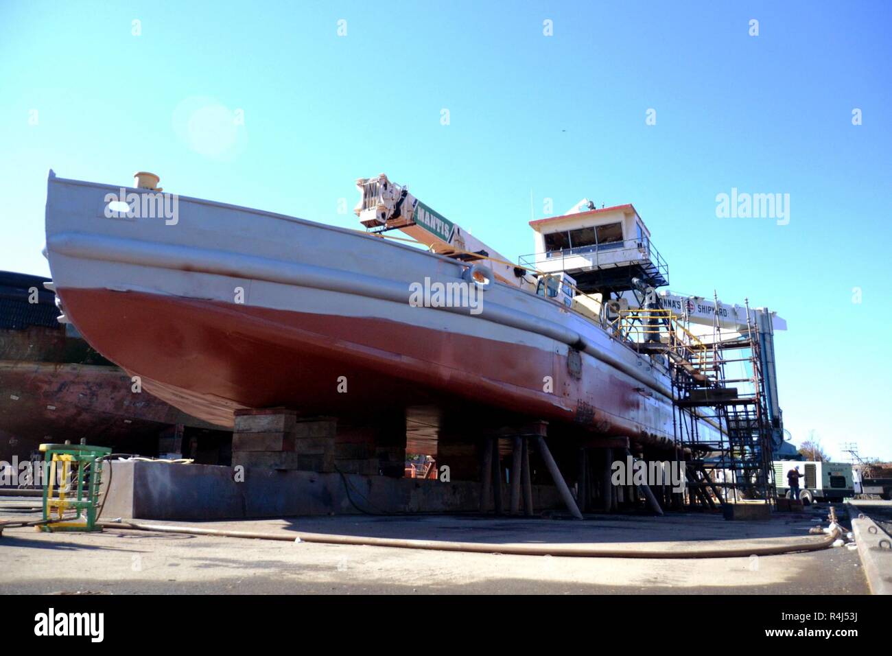 The derrick boat Elizabeth sits dry docked at Colonna's Shipyard Inc ...