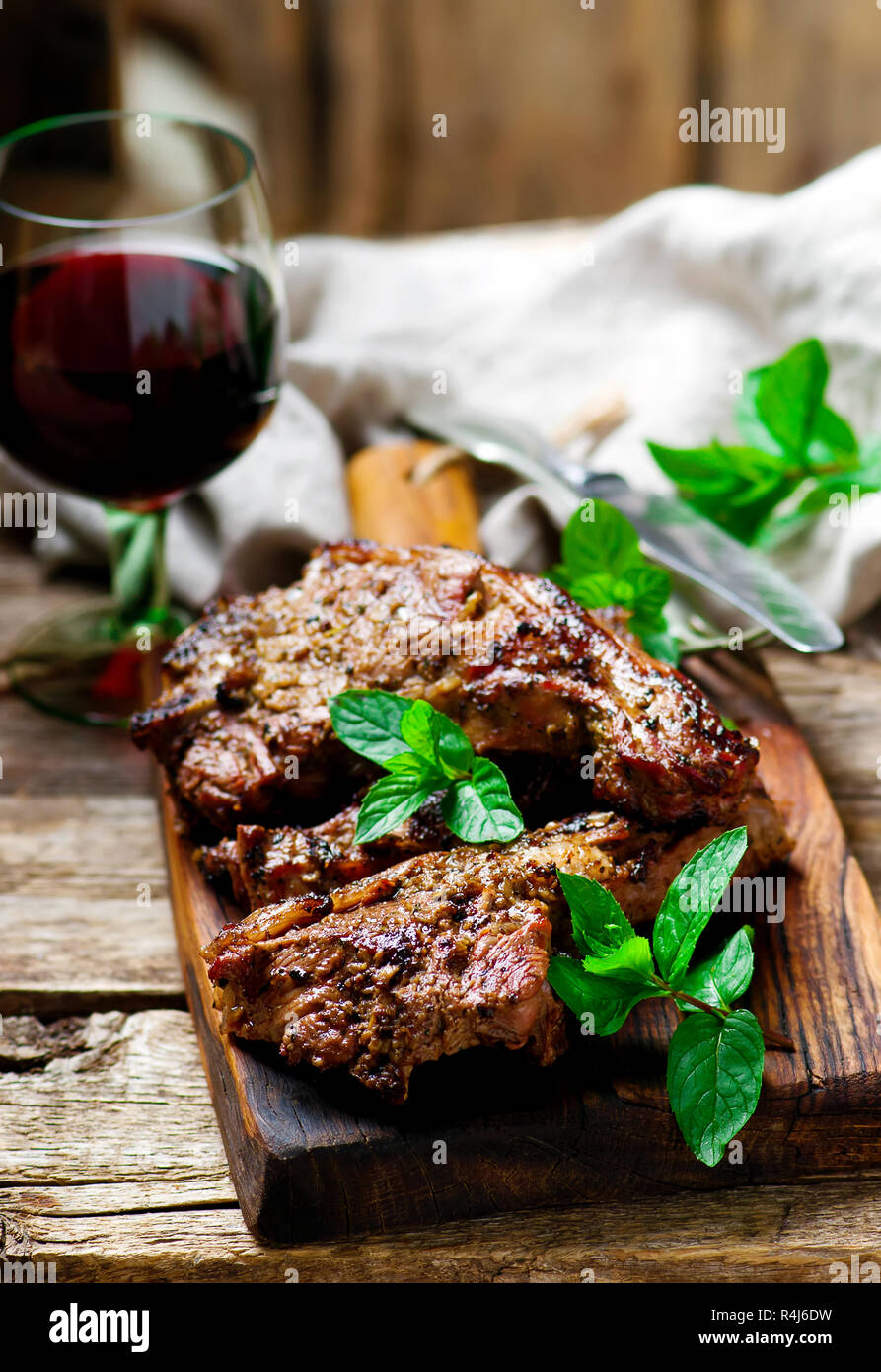 Grilled lamb chops marinated with mint .style rustic. selective focus ...