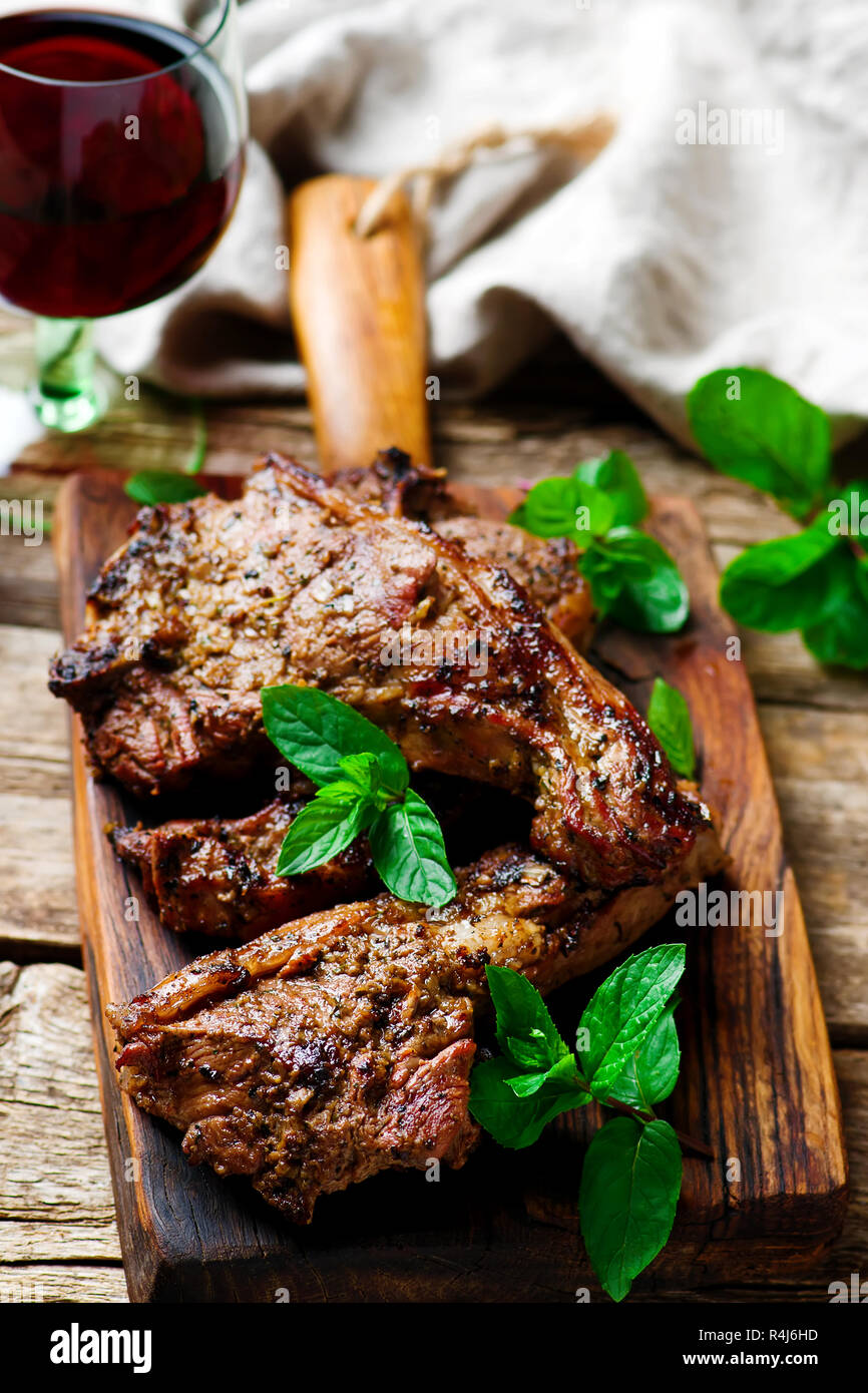 Grilled lamb chops marinated with mint .style rustic. selective focus ...