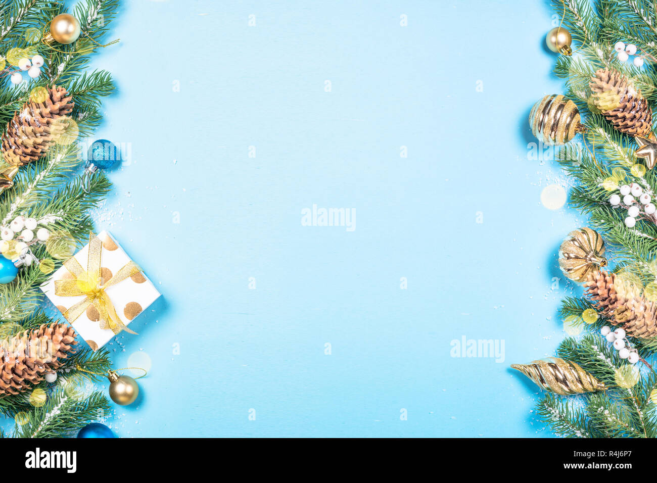 Christmas background decorations on blue Stock Photo - Alamy