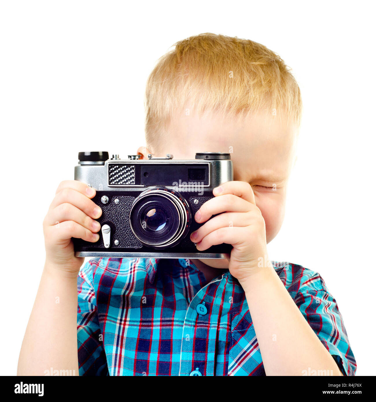 little boy with camera isolated on a white background Stock Photo - Alamy