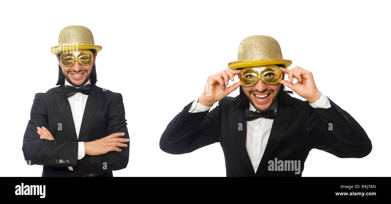 Funny man wearing mask isolated on white Stock Photo - Alamy
