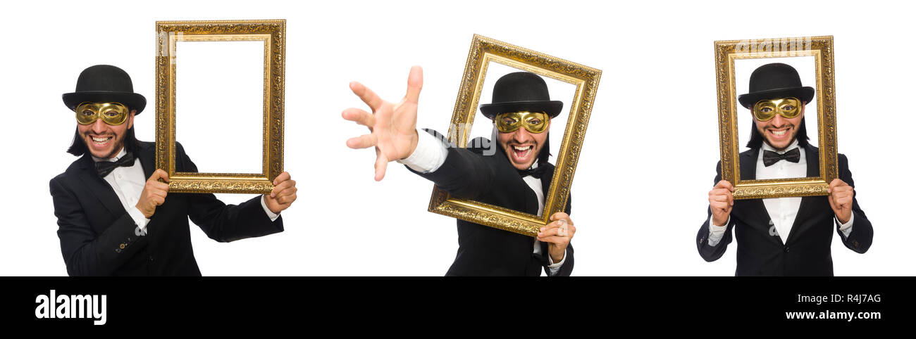 Funny man with picture frame on white Stock Photo - Alamy