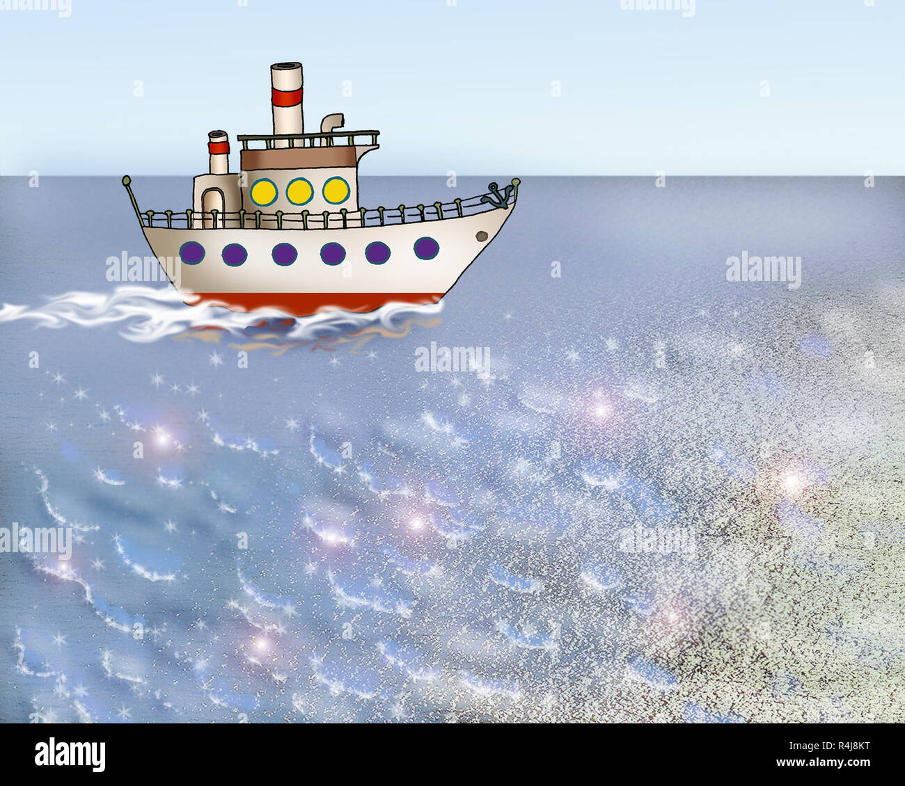 Small Cartoon Ship in the Calm Ocean Stock Photo - Alamy