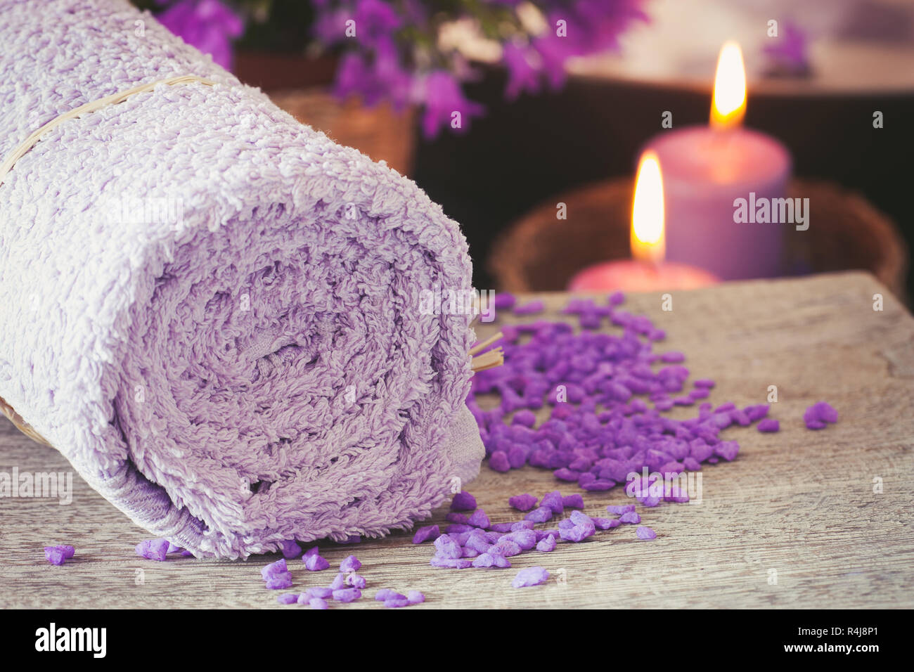 Purple spa setting Stock Photo - Alamy