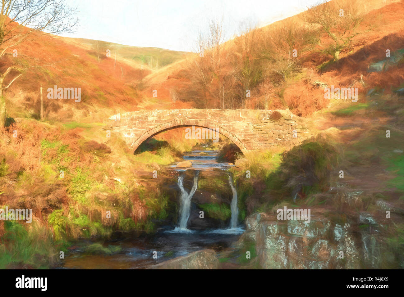 Digital watercolour of a waterfall and packhorse stone bridge at Three ...