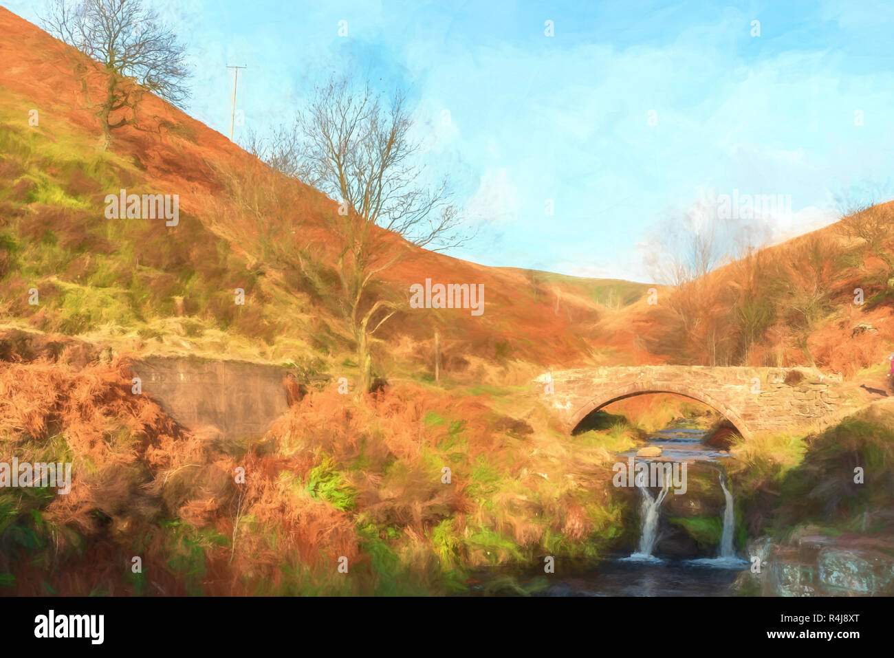 Digital watercolour of a waterfall and packhorse stone bridge at Three ...