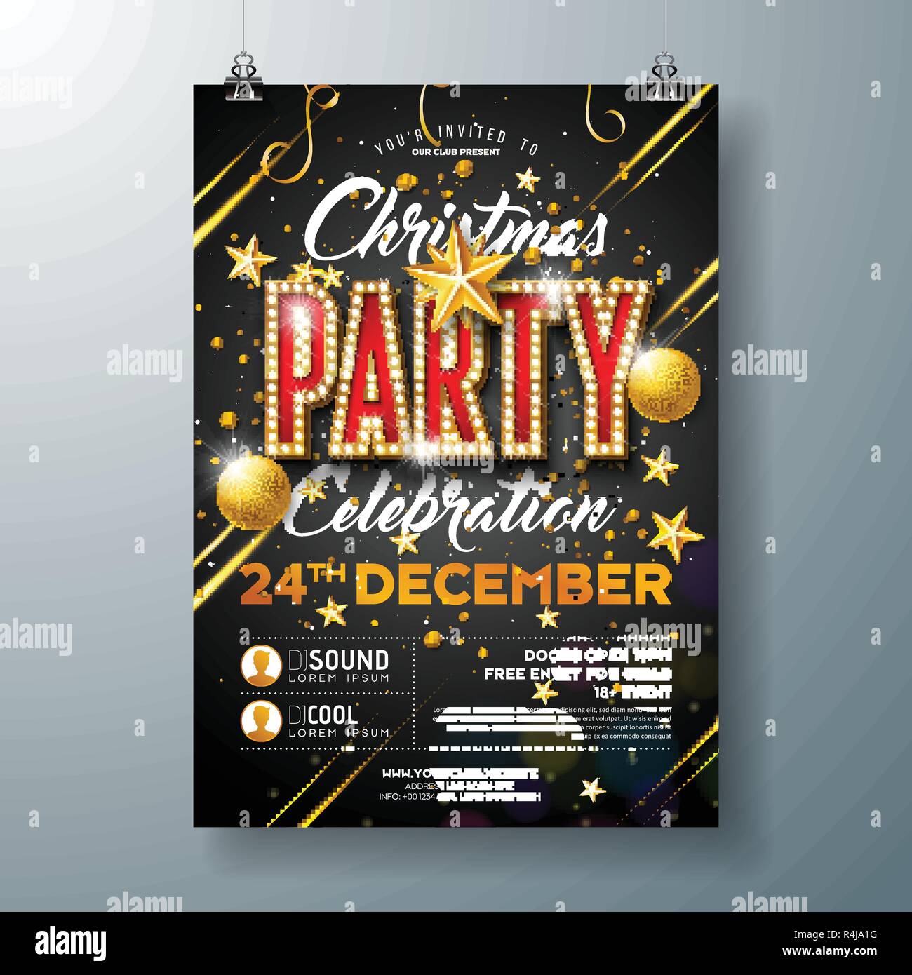Christmas Party Flyer Illustration with Glass Ball and 3d Light Bulb ...