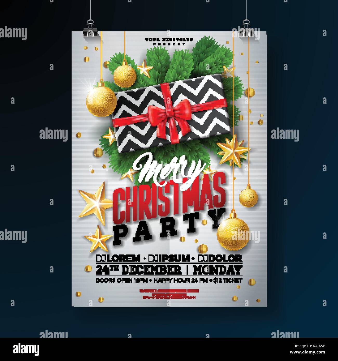 Christmas Party Flyer Illustration with Gift Box, Gold Star, Glass Ball ...