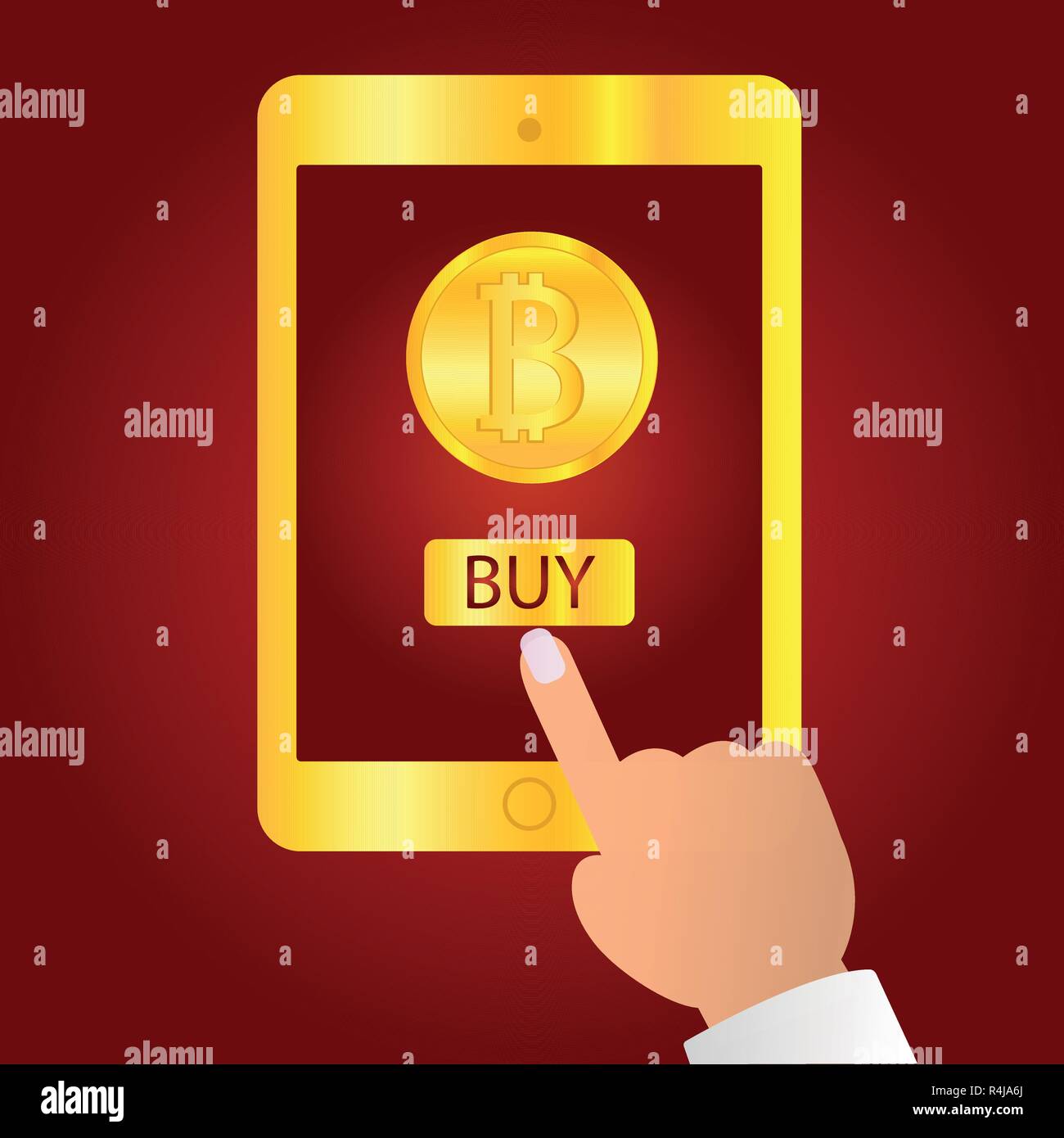 Hand holding gold tablet device isolated on red background. Tablet on ...